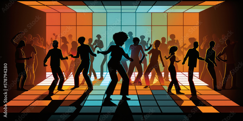 Groovy 1980’s disco club with dancers and silhouettes of people dancing ...