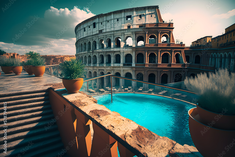 Rooftop hotel pool with overlook panorama view Rome, Italy. The ...