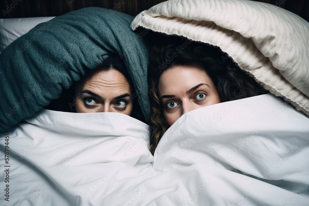 Two confidant friends cover themselves with a blanket up to their heads ...