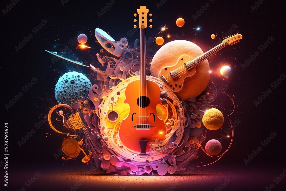 Art design of music instruments like violins, in outer space with ...