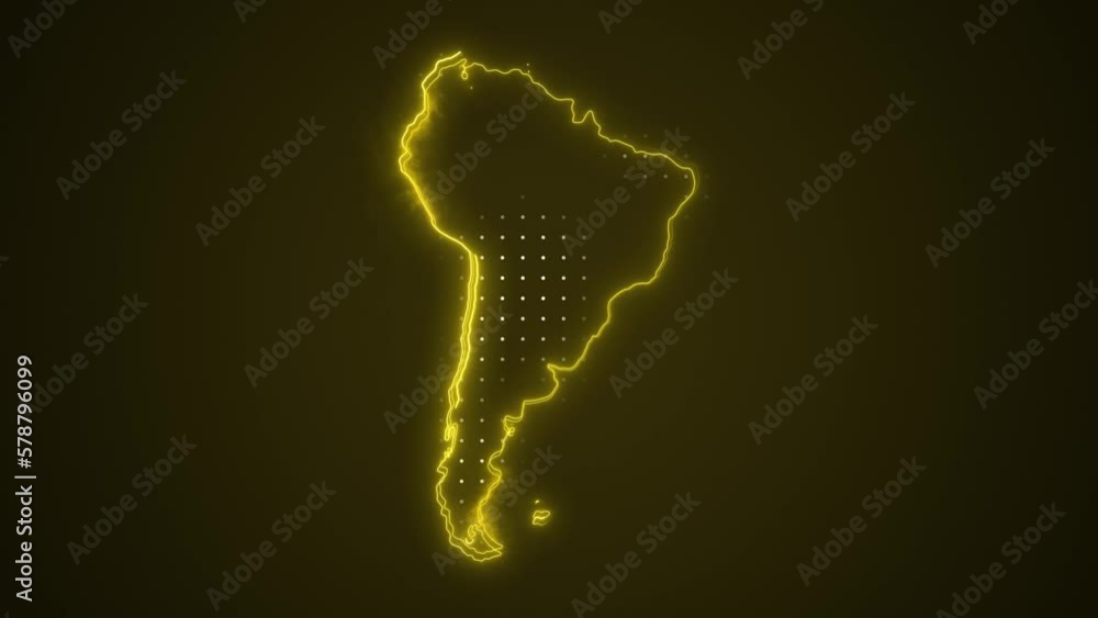 Neon Yellow South America Map Borders Outline Loop Background. Neon ...