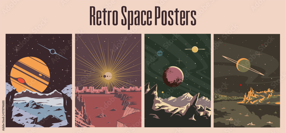 Vintage Style Fantastic Universe Posters Set. Retro Futurism Space ...