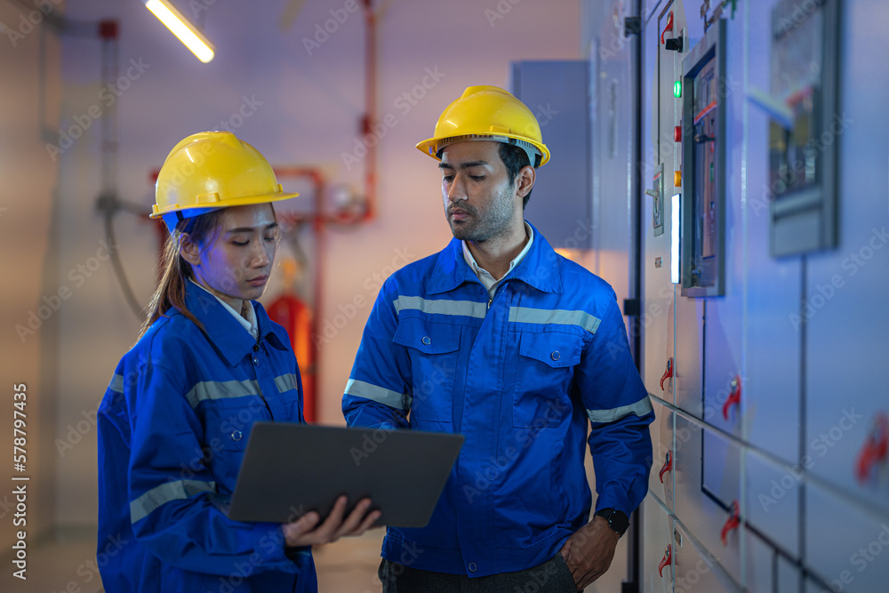 Team Asian man and woman engineer of mechanical checking system and ...