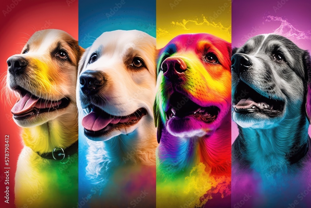 Bright. Pets, young dogs, collage. Happy looking puppies or other dogs ...