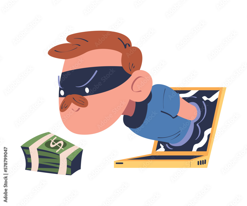 Masked cyber thief hacking computer and stealing money. Cyber security ...