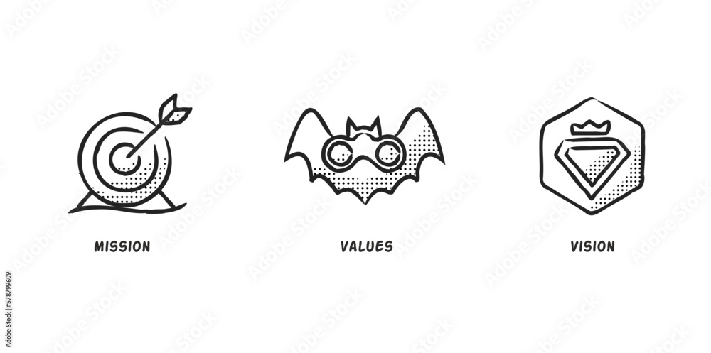 Mission, Vision, Values, company core values, bat vision. bull's eye ...