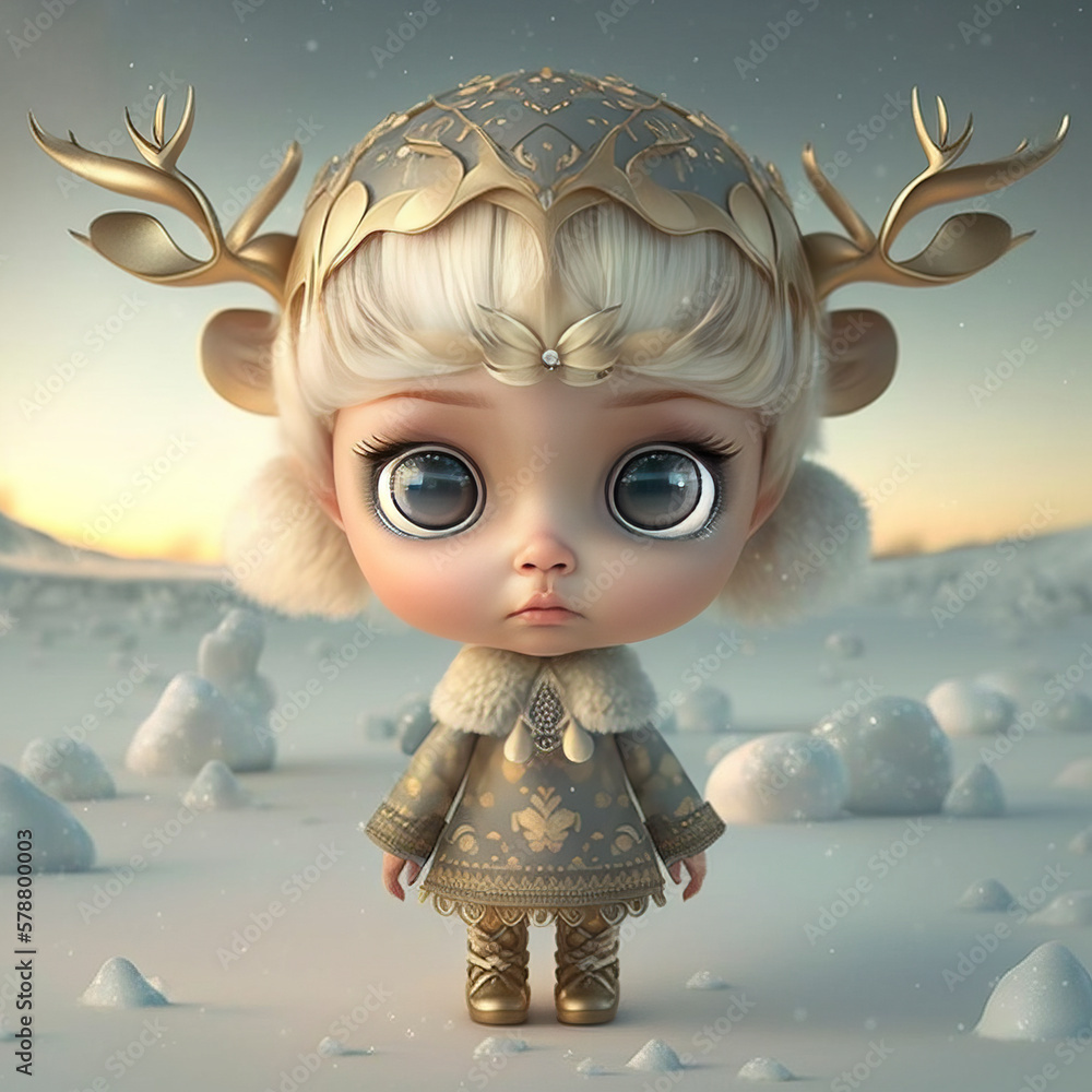Adorable 3D chibi girl with big eyes and reindeer antlers in a winter ...