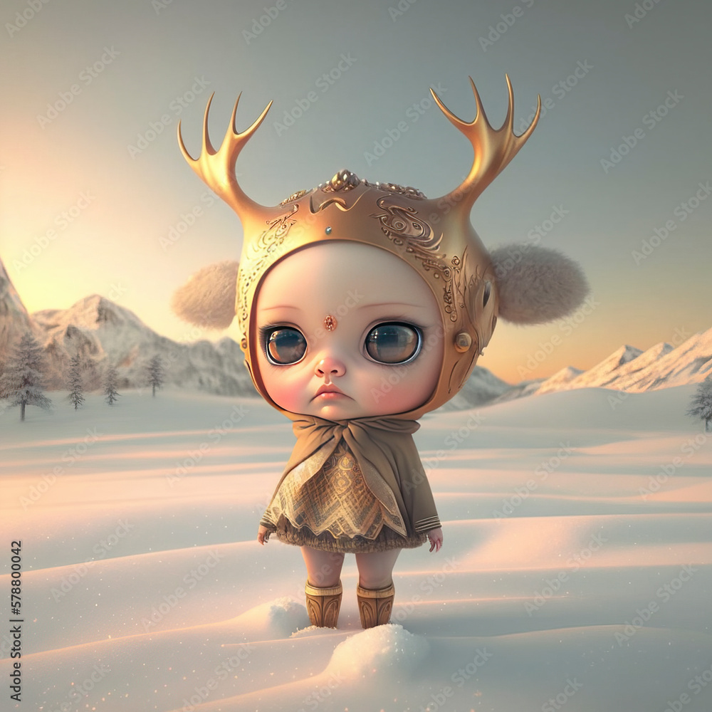 Adorable 3D chibi girl with big eyes and reindeer antlers in a winter ...