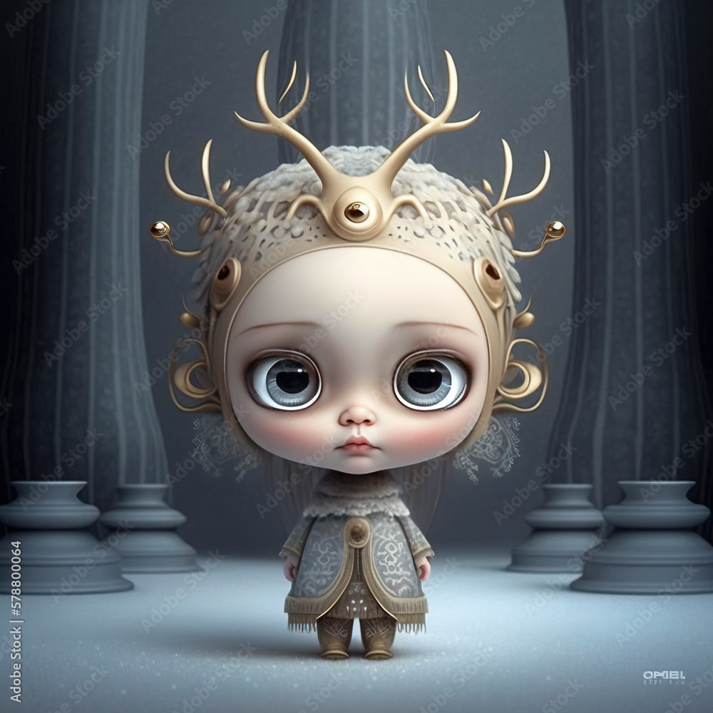 Adorable 3D chibi girl with big eyes and reindeer antlers in a winter ...