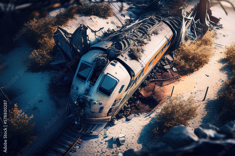 Passenger train crash accident, aerial view. Broken wagons and damaged ...