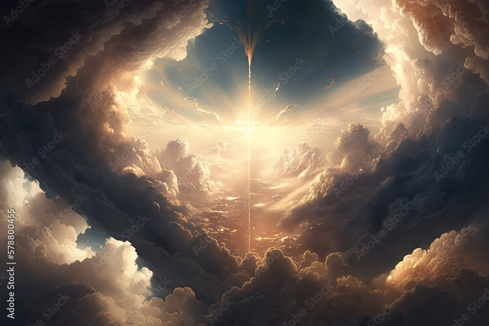 Sun rays break through the clouds in the sky. Entrance to heaven ...
