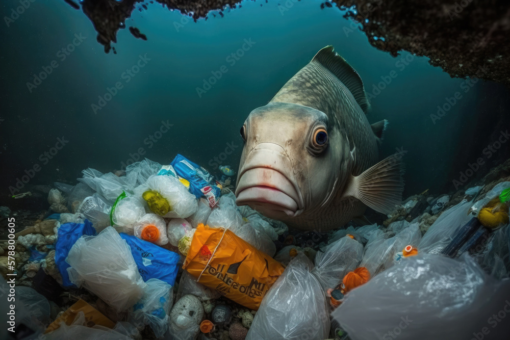 Ocean pollution concept. Fish under water in sea and plastic waste ...