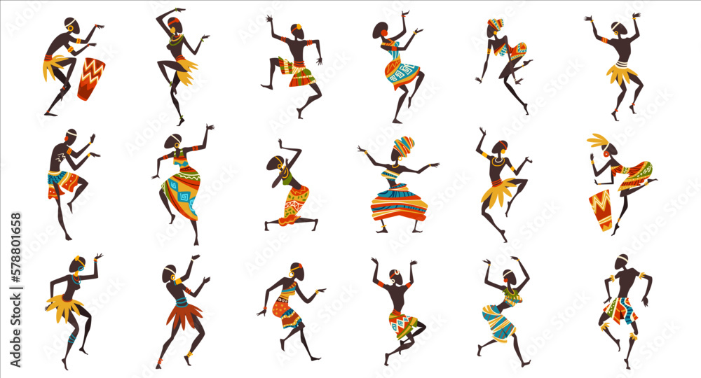 Set of dancing African people. Men and women in traditional African ...