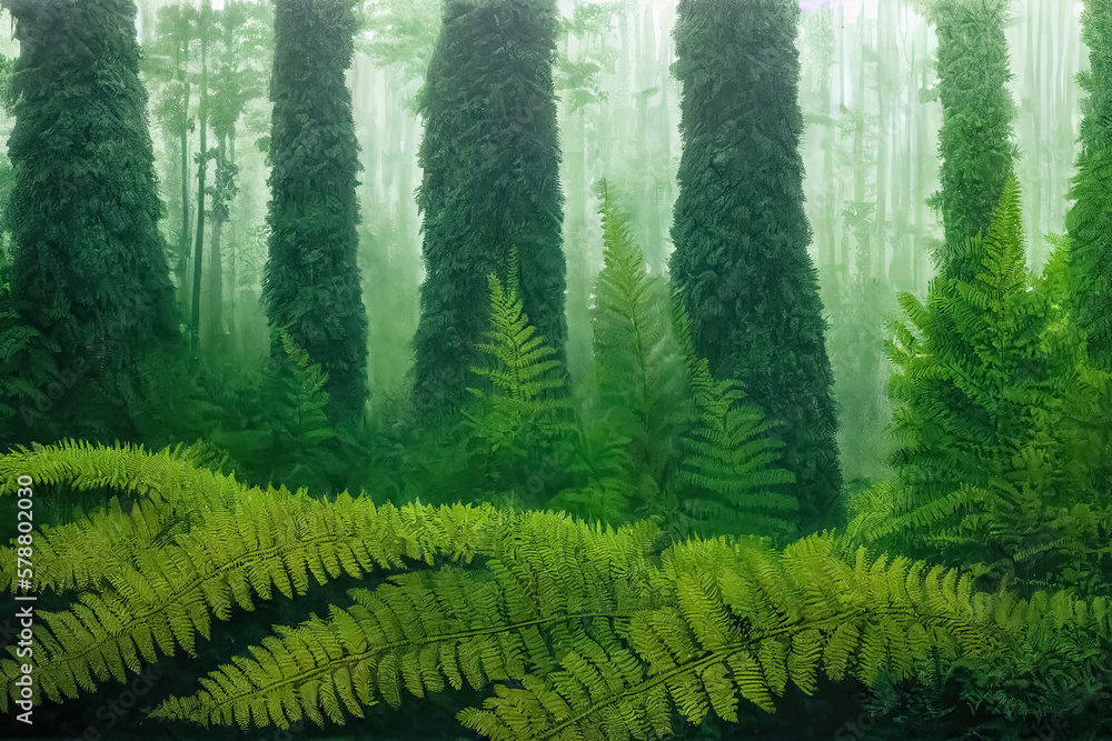 Prehistoric antediluvian forest landscape with primitive trees and ...