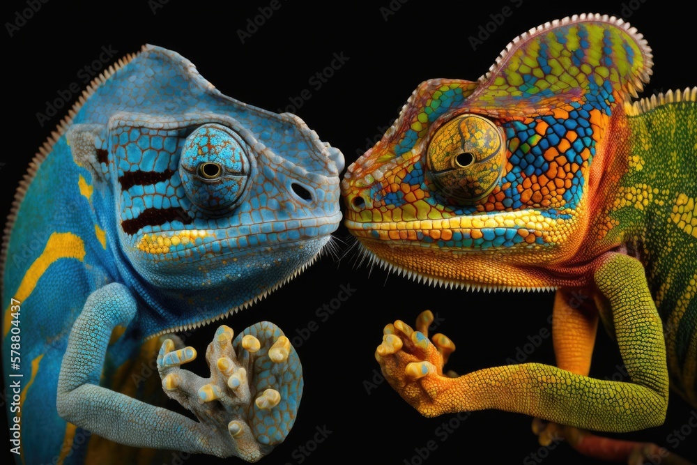 These are two adult panther chameleons (Furcifer pardalis), one a blue ...