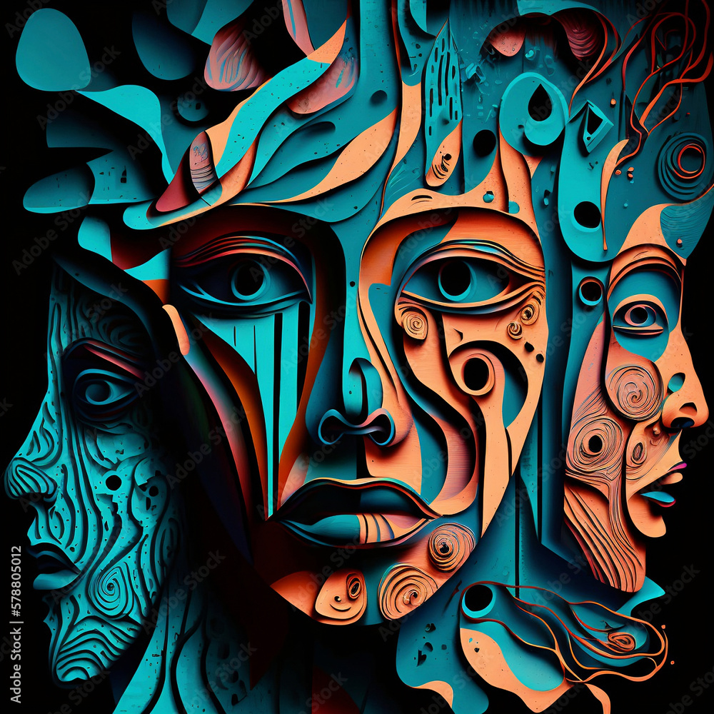 Visual representation of schizophrenia. Multiple human heads cojoined ...