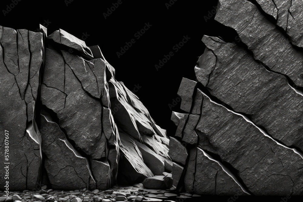 Foreground consisting of a black and white rock texture. Cracked, rocky ...