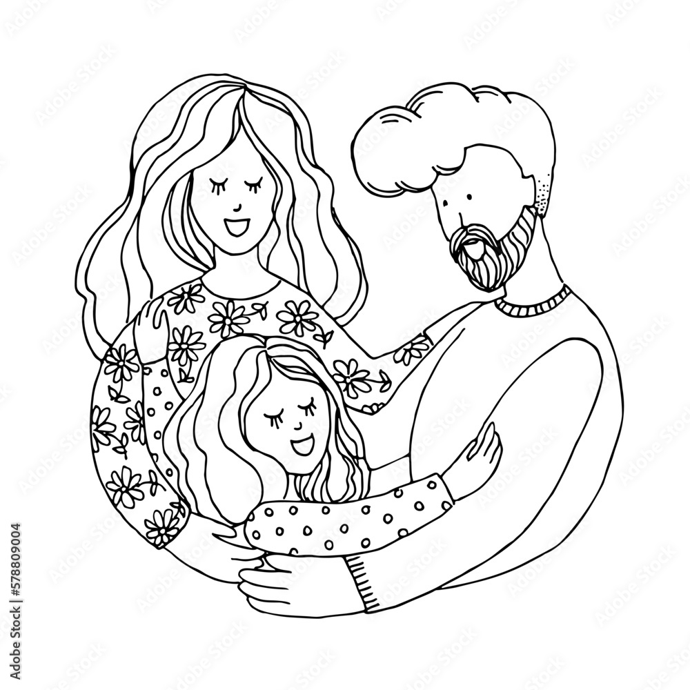 Happy family hugging with child. Coloring page. Smiling mother, father ...