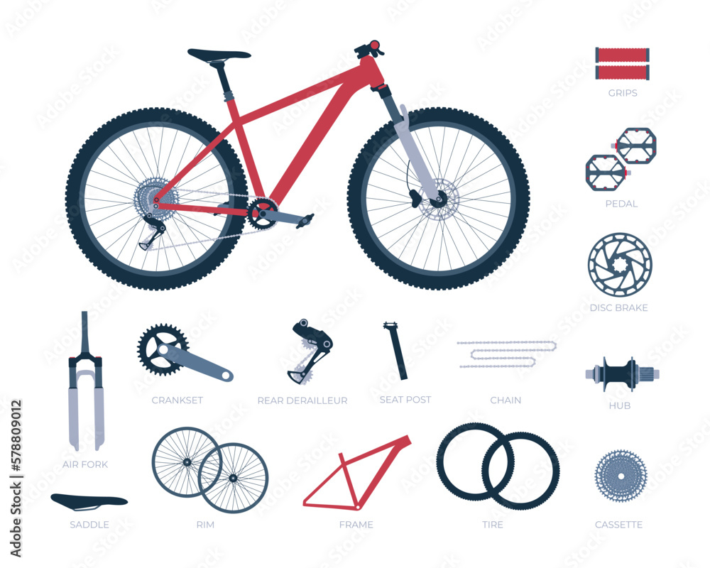 Mountain bike with a set of parts and titles. Collection of bicycle ...