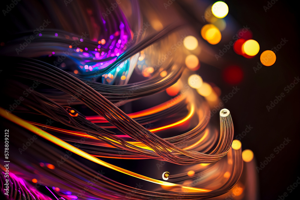 colored electric cables and led. optical fiber, intense colors ...