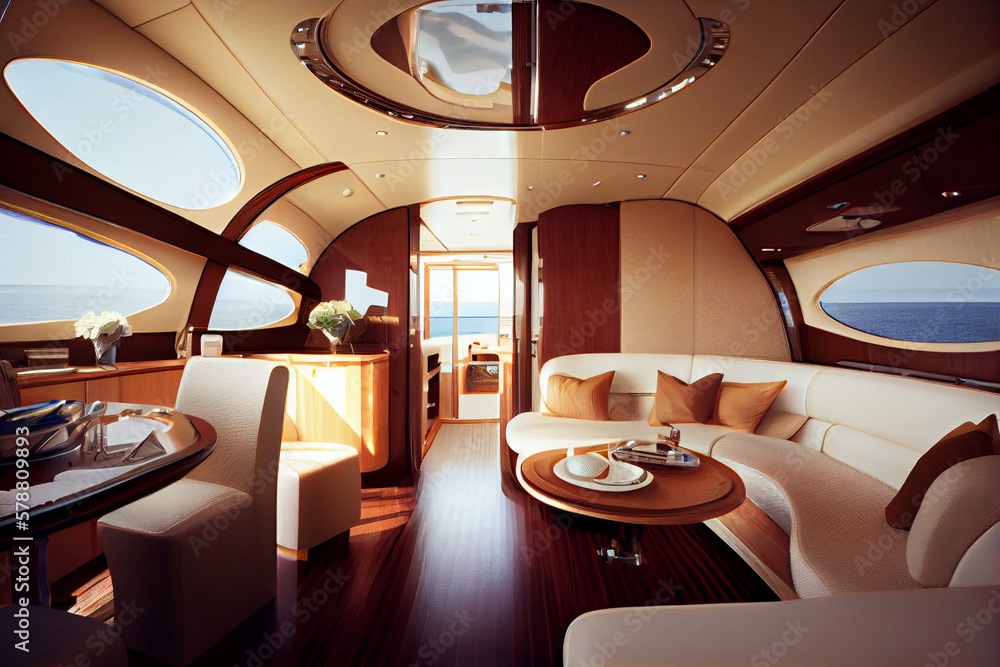 The interior of the cabin of a luxury yacht or speedboat, the sea is ...