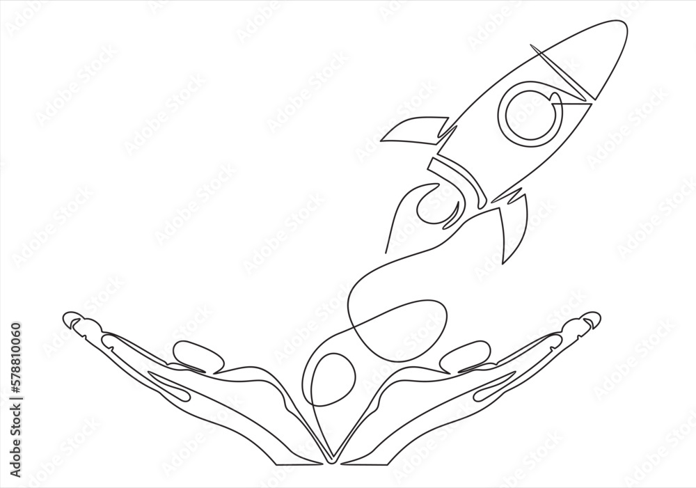 Continuous line vector illustration of hand holding with Rocket launch ...