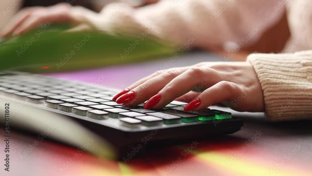 Hands on keyboard close up, working office work remotely from home ...