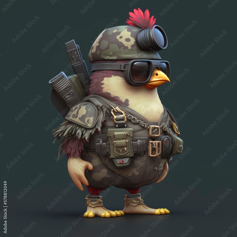chicken cartoon character wearing military helmet and equipment ...