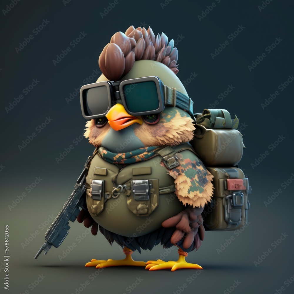 chicken cartoon character wearing military helmet and equipment ...