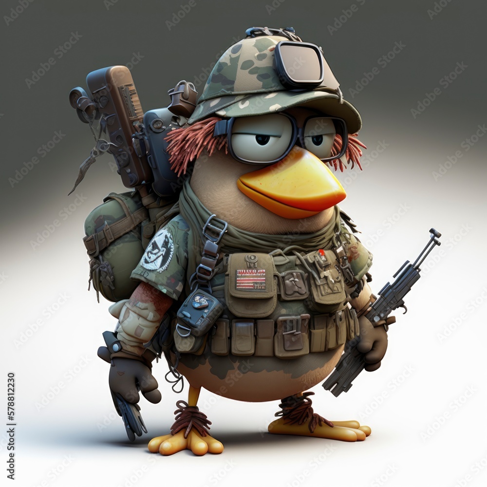chicken cartoon character wearing military helmet and equipment ...