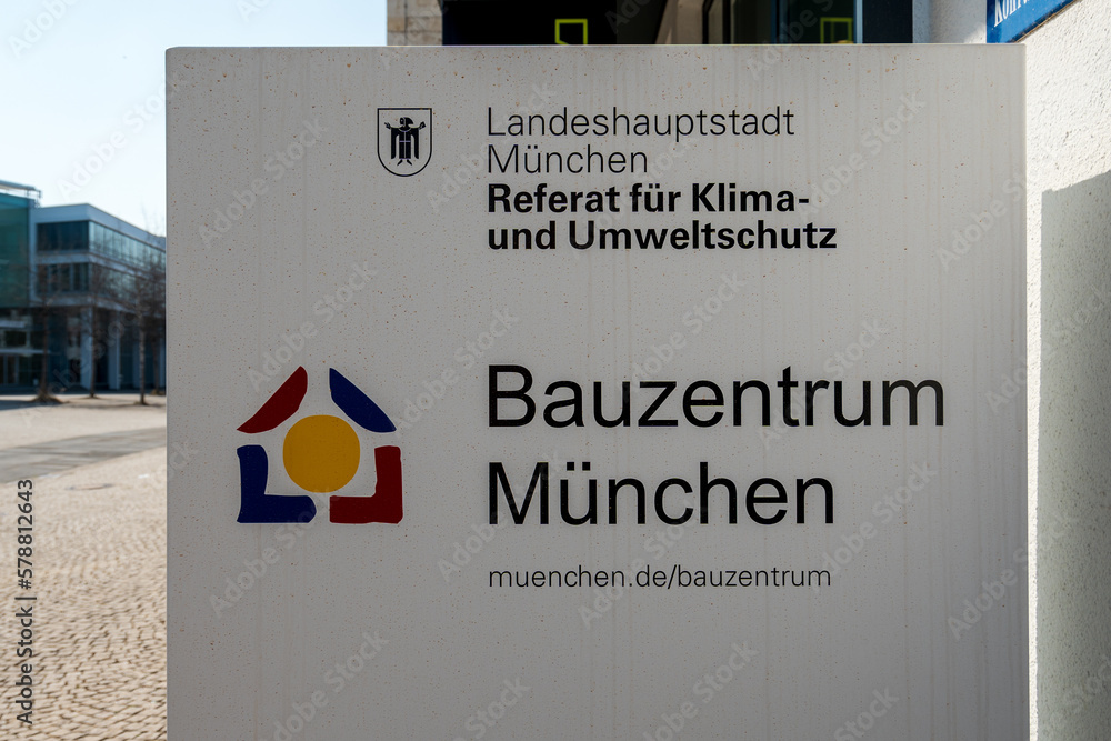 Bauzentrum München sign at the entrance of the headquarters in Munich ...