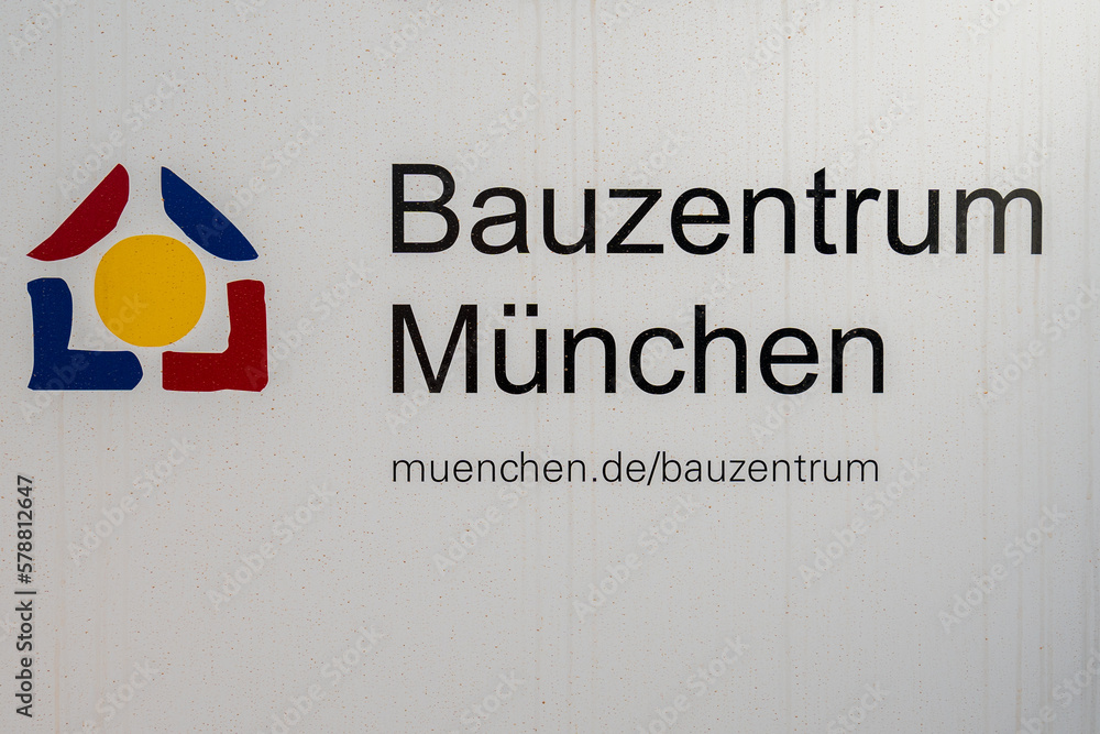Bauzentrum München sign at the entrance of the headquarters in Munich ...