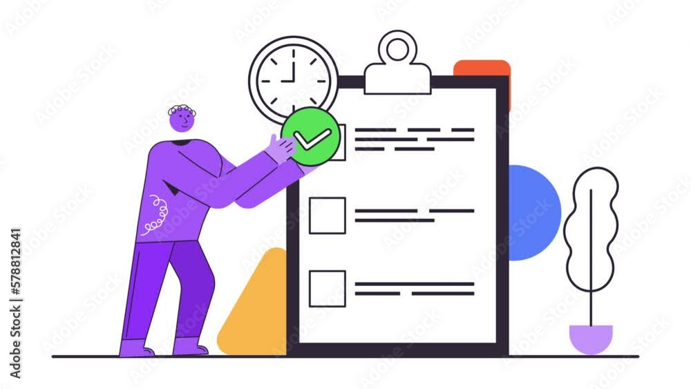 Character with check mark. Check list document on tablet, paper check ...