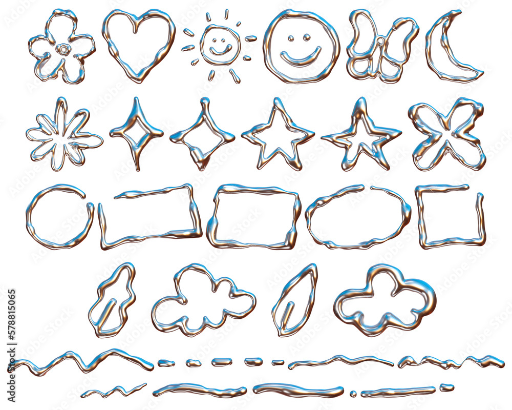 3d render illustration - Set of chrome Y2K elements. Trendy elements ...