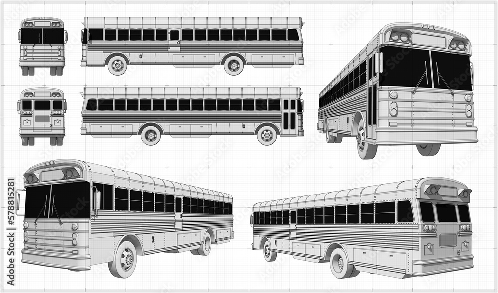 Bus drawing. Bus on a white background. Three projections. School bus ...