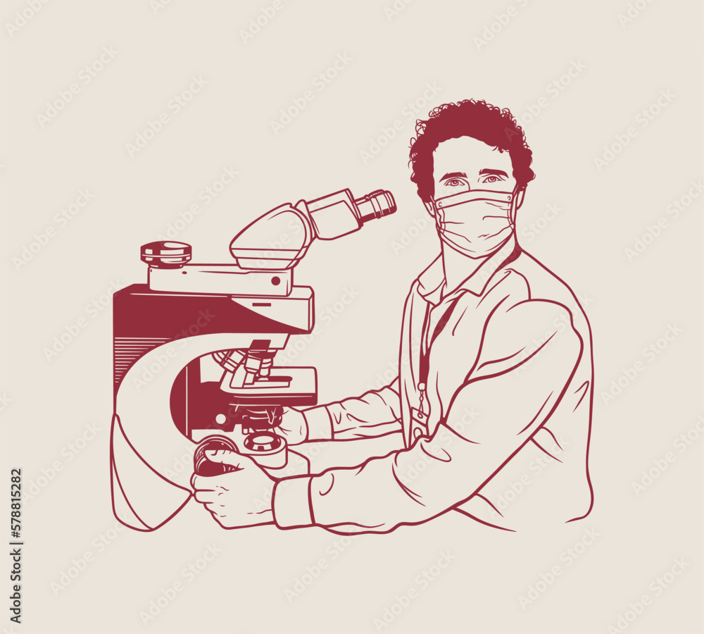 Male doctor wearing a mask using a microscope in the laboratory. Vector ...