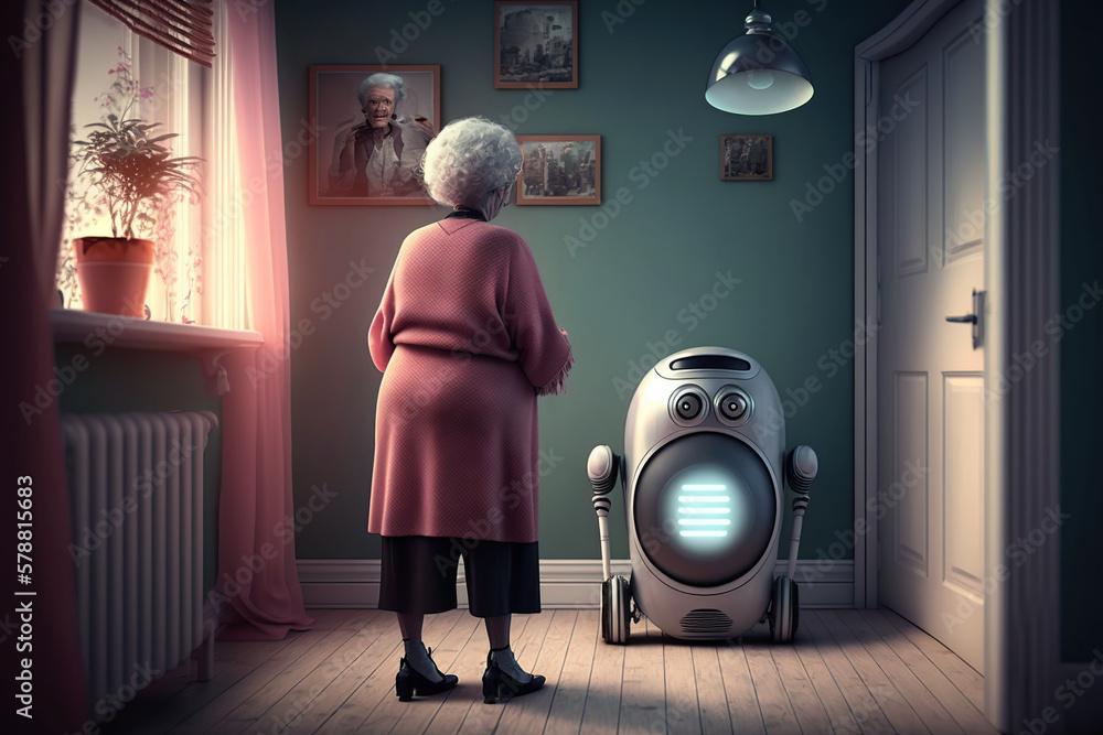 Elderly woman talking at home with a robot assistant, concept of Aging ...