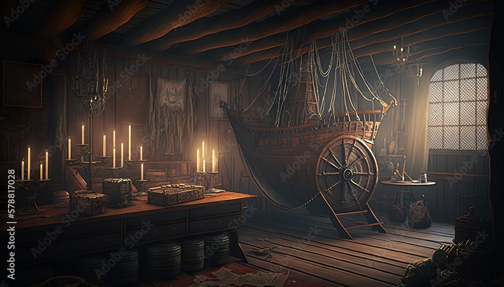 Pirate ship deck interior with nautical equipment and treasure chest ...