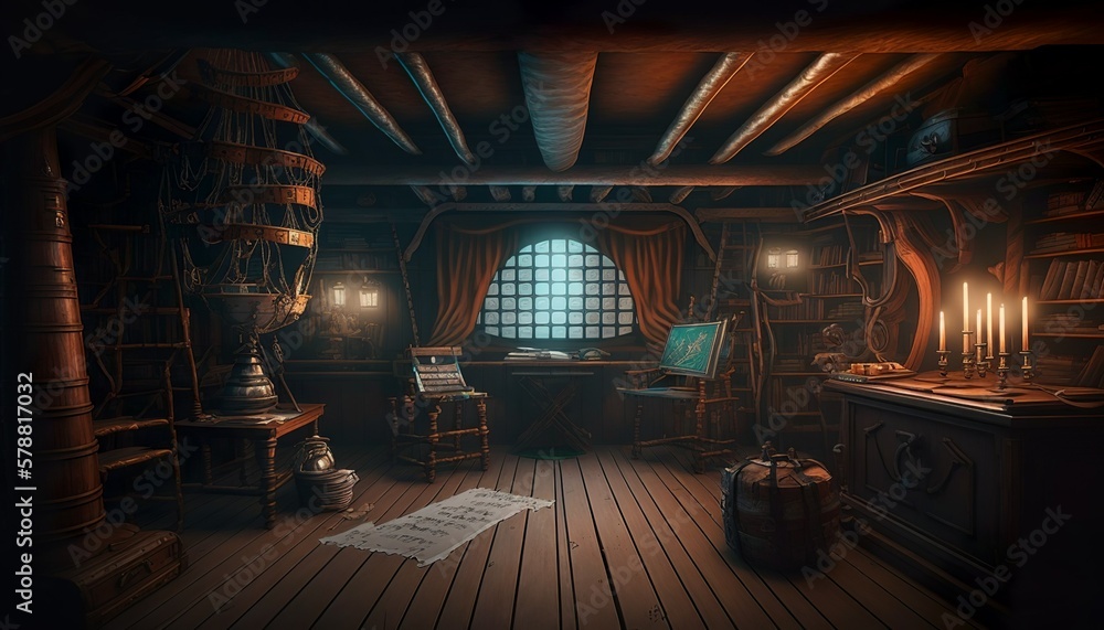 Pirate ship deck interior with nautical equipment and treasure chest ...