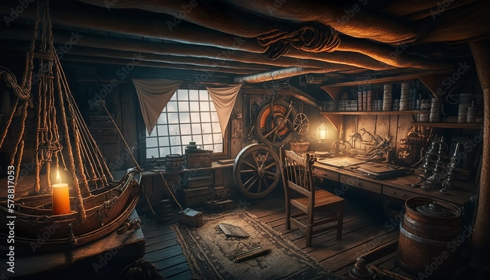 Sailing ship deck interior with nautical equipment and cannons concept ...