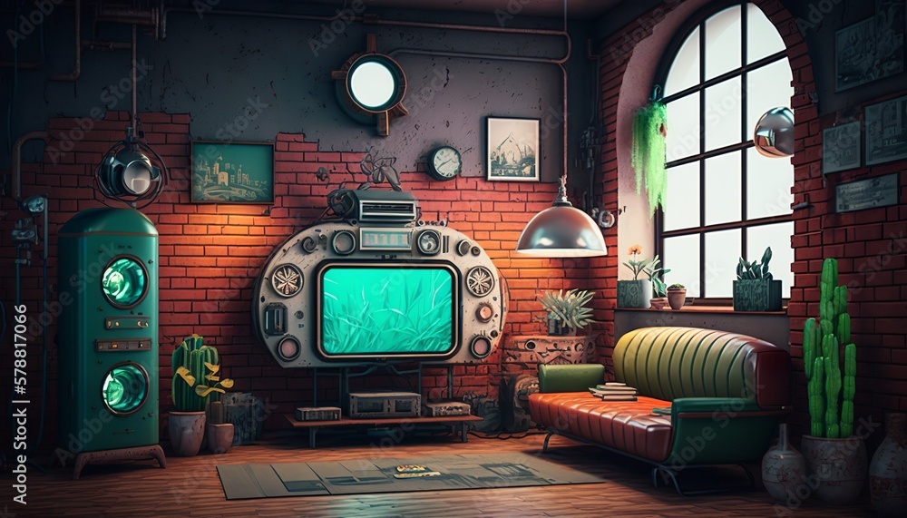 Futuristic sci-fi interior with raypunk furnitures and retro television ...