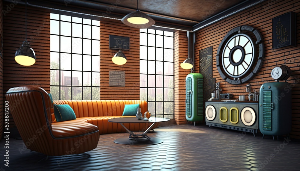 Futuristic sci-fi home interior with brick and metal walls and bright ...
