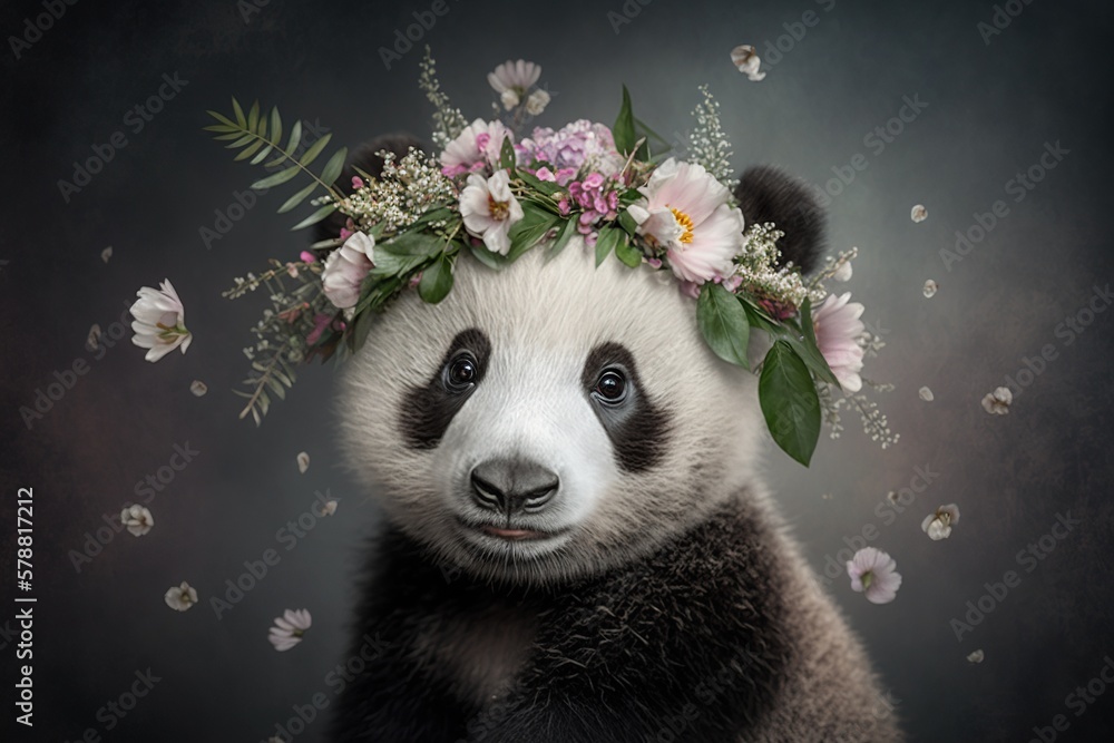 Cute panda with flowers on the head studio shoot, created with ...