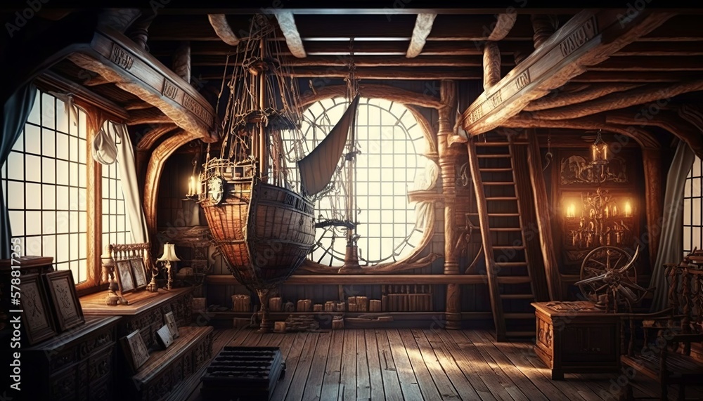 Medieval sailing-vessel interior with nautical equipment and treasure ...