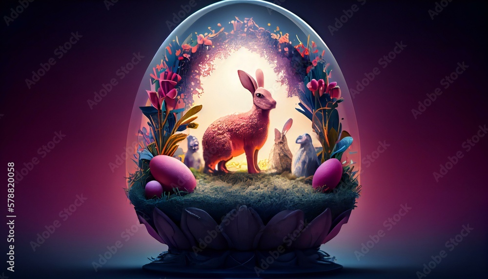 Cute Easter bunny in glass ball. 60s retro style pop art collage ...