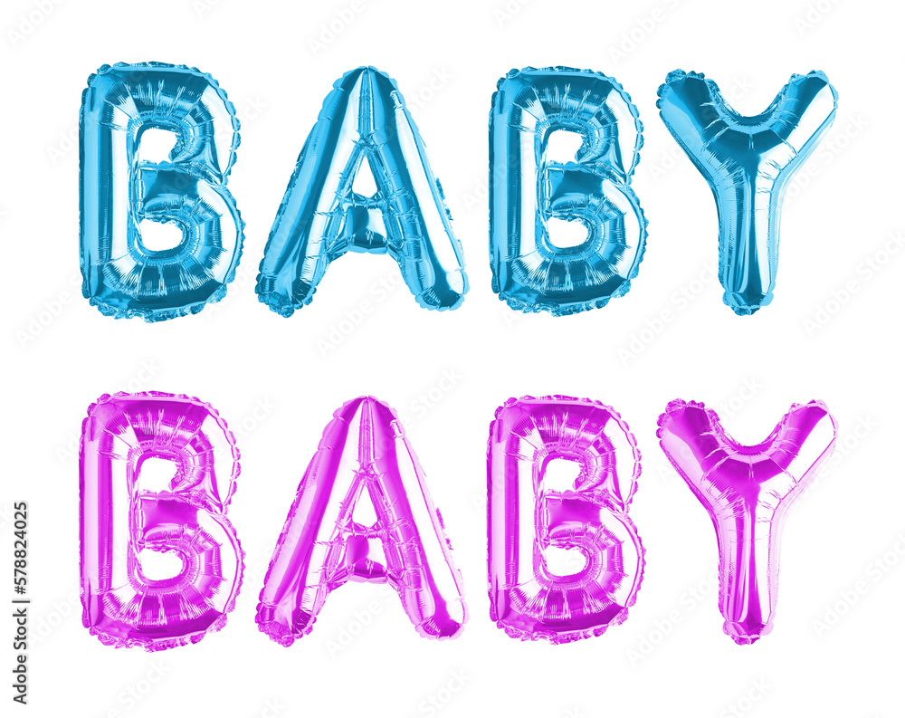 The words Baby made from blue and pink balloons on a transparent ...