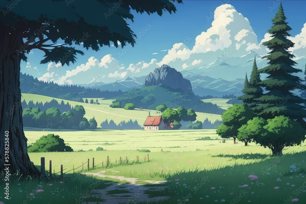 Fairy tale landscape background in anime style Stock Illustration ...