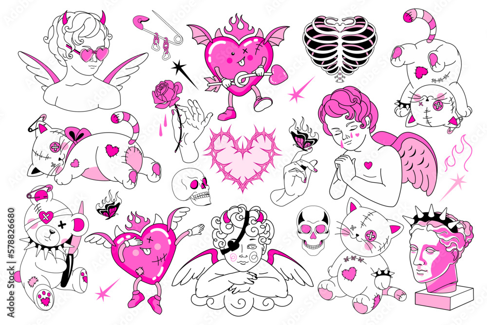 Set of y2k stickers. Lovely baby pink color. Dark emo goth graphic with ...