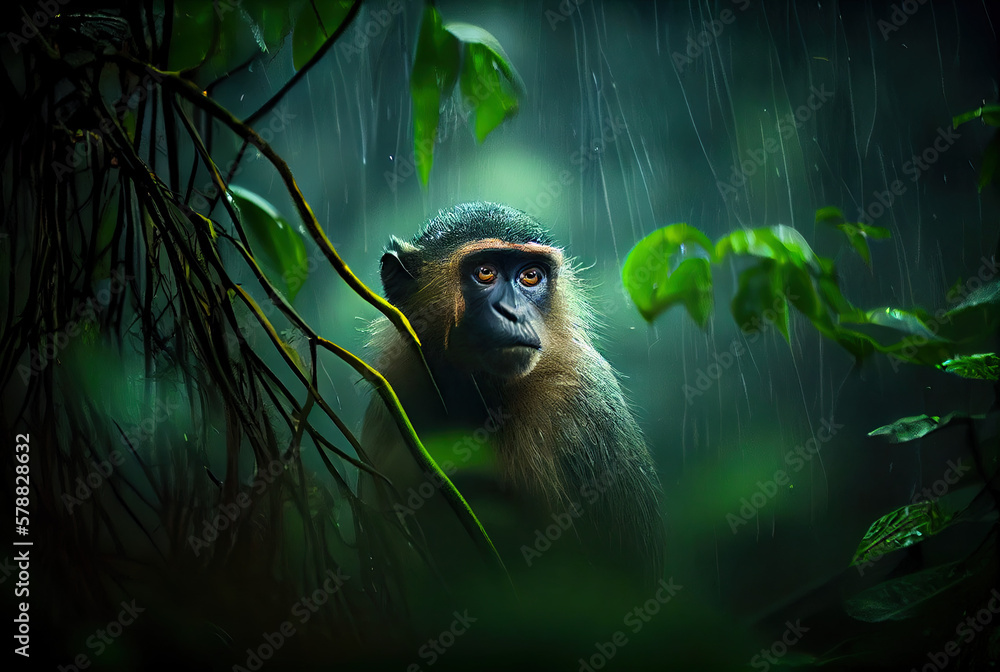 Cute monkey in the jungle during rain created with AI Stock ...