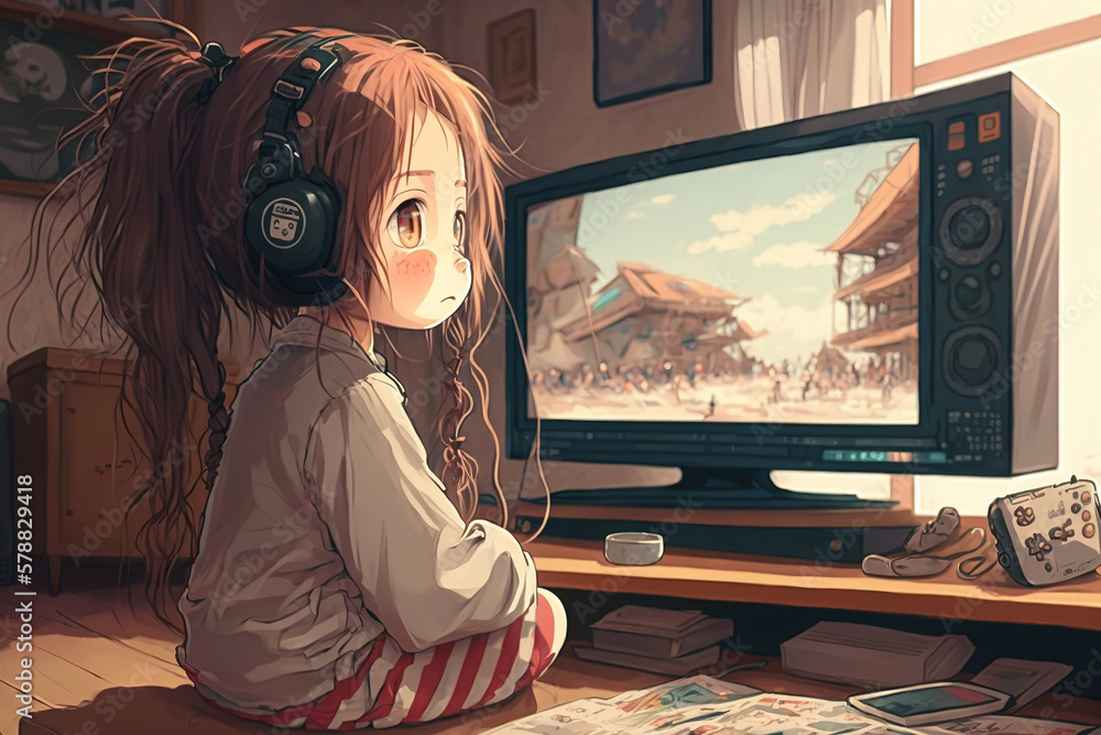 Cute Anime Girl Watching Tv Ai Generative Stock Illustration Adobe Stock